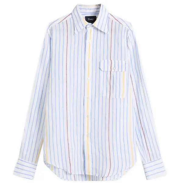 DRAKE'S Linen Stripe Summer Shirt - Blue/white/yellow