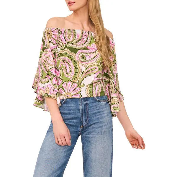 Vince Camuto Off-the-shoulder Flutter Sleeve Top - Green Multi