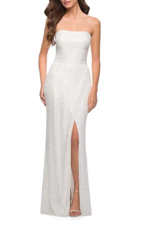 LABOMME Sequin Strapless Gown With Criss-cross Straps - White
