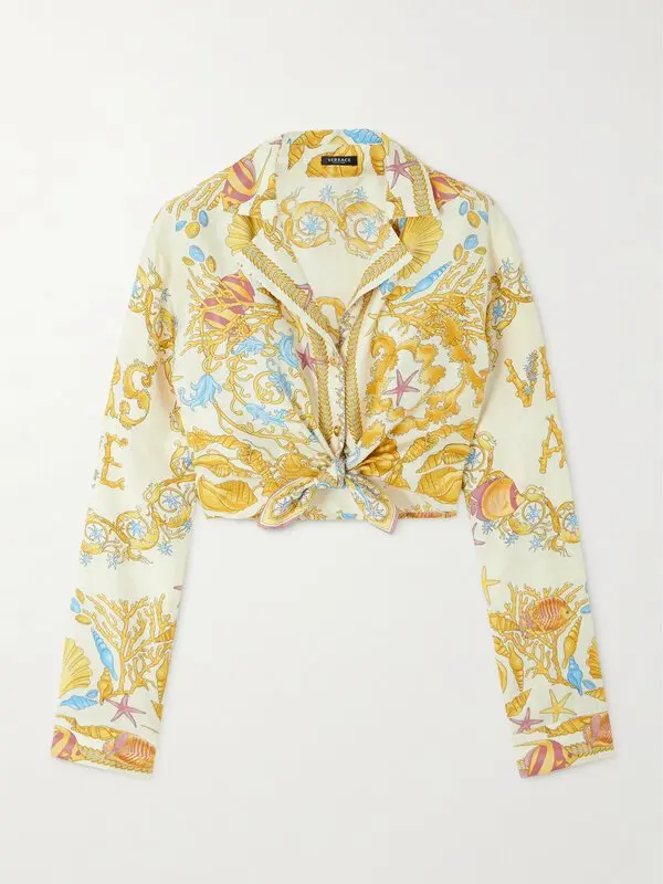 Versace Tie-front Printed Silk-twill Shirt - Yellow