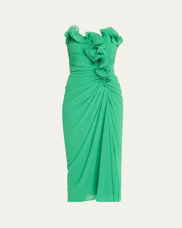Badgley Mischka Strapless Pleated Georgette Midi Dress