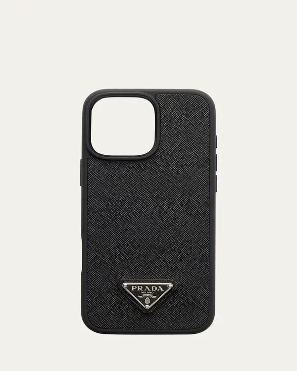 Prada Iphone 16 Pro Max Leather Triangle Logo Case - Nero