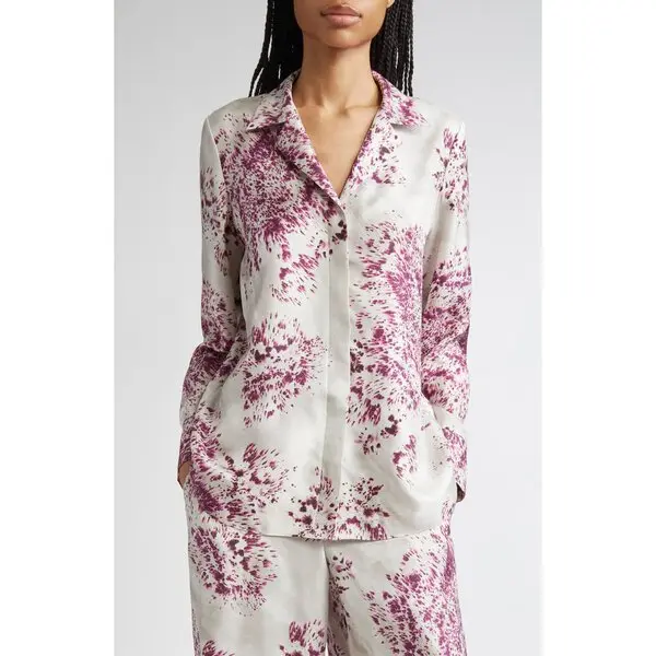 Lafayette 148 New York Spotted Glaze Print Silk Twill Button-up Shirt