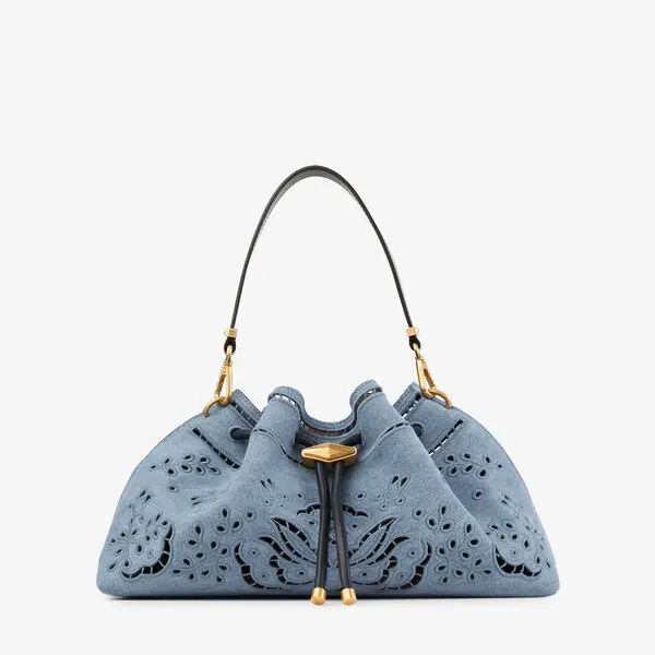 JIMMY CHOO Cinch Medium Denim Shoulder Bag With Sangallo Embroidery