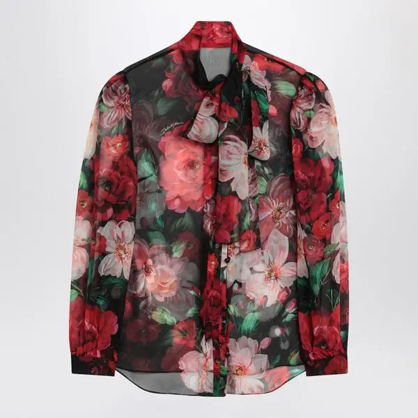 Dolce & Gabbana Floral Print Silk Chiffon Shirt With Bow