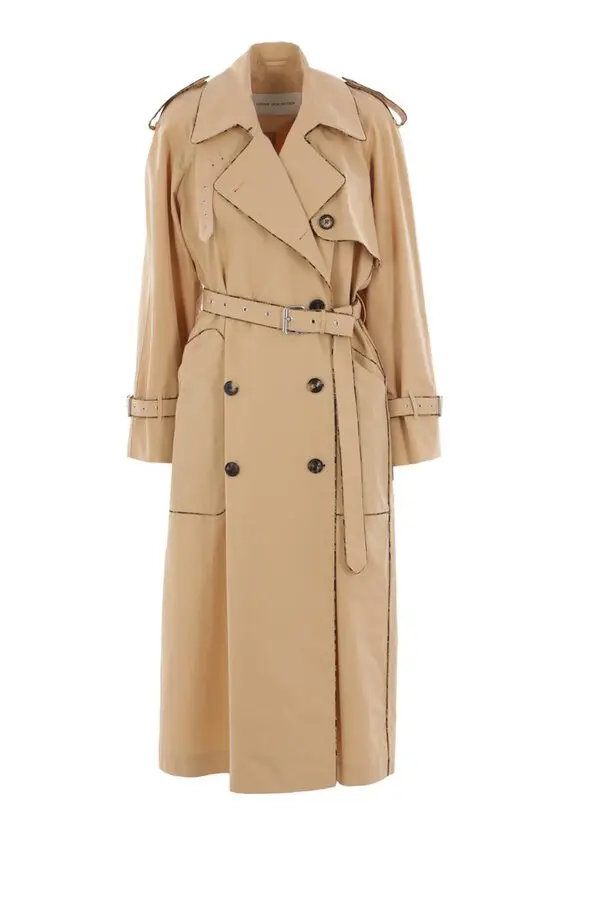 Dries Van Noten Cotton Double-breasted Trench Coat With Python Print Piping - Beige