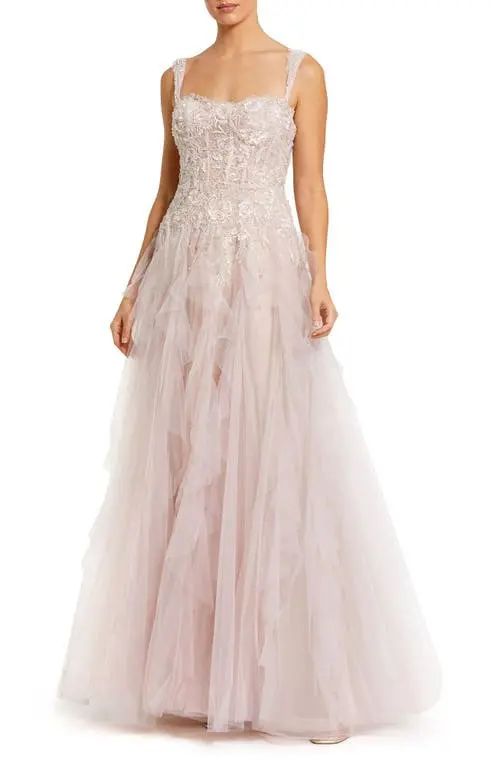 Mac Duggal Thin Strap Bustier Tulle Gown With Ruffle Skirt