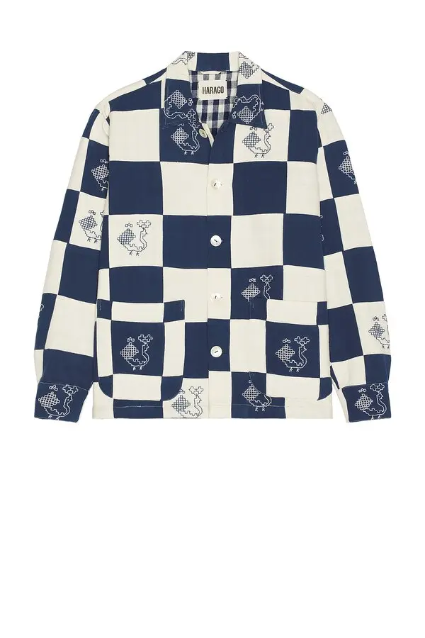 HARAGO Patchwork Embroidered Shirt In White - Off White & Blue