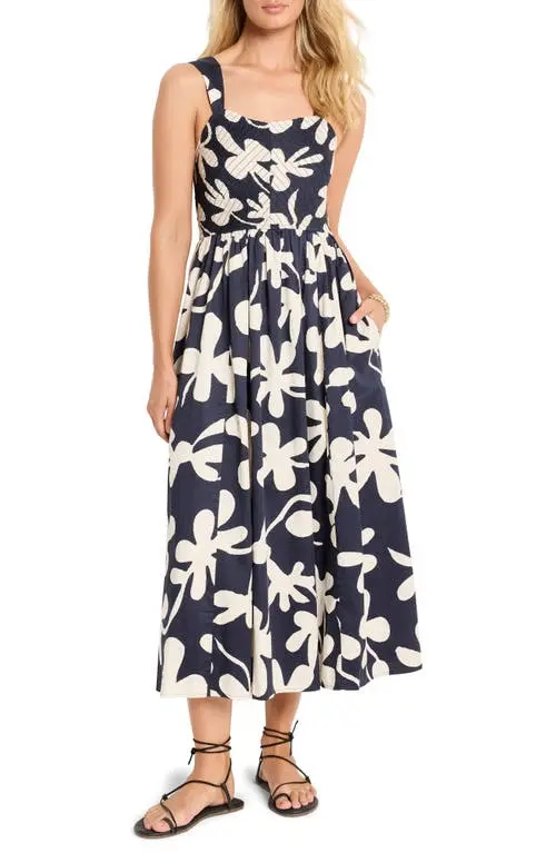 NIC+ZOE Sarah Glowing Flower Stretch Cotton Midi Sundress - Indigo Multi
