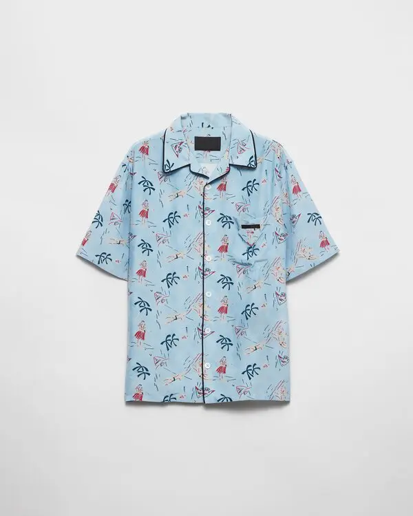 Prada Printed Silk Blend Bowling Shirt - Light Blue
