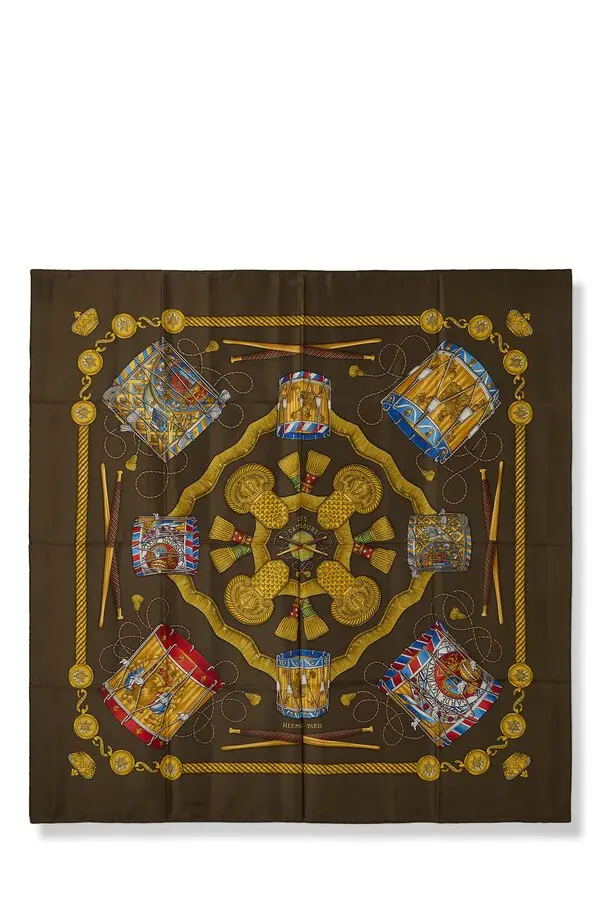 Hermès Multicolor 'les Tambours' Silk Scarf 90 - Brown