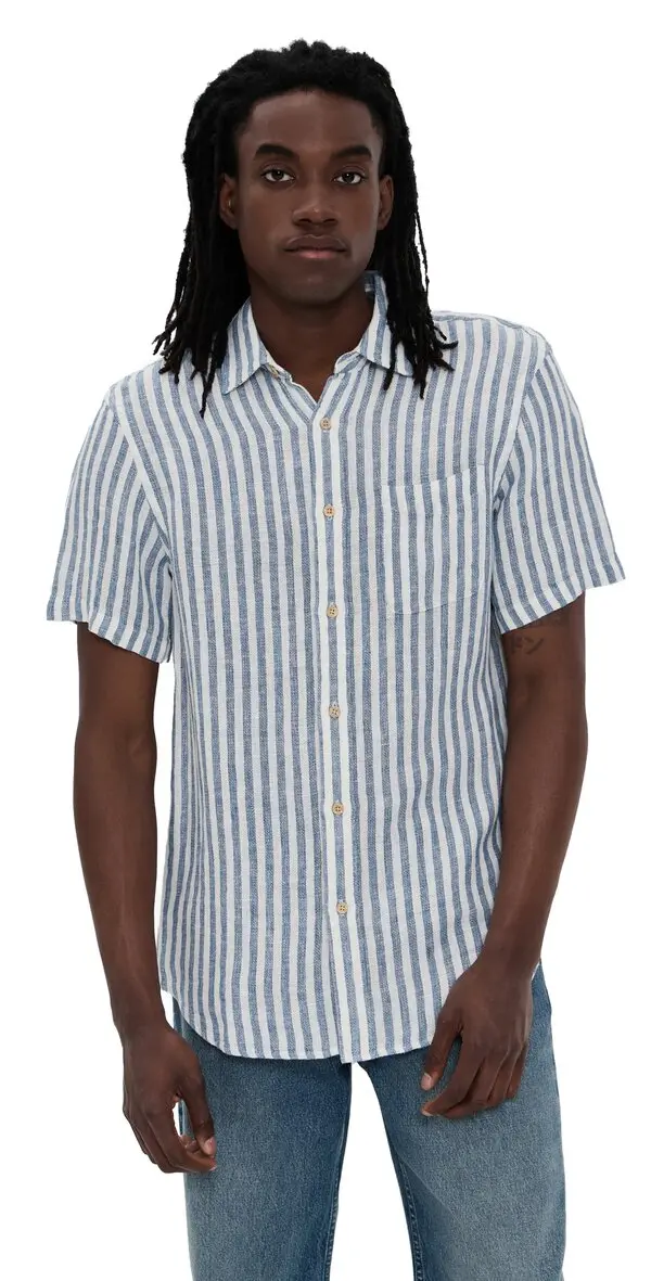 Faherty Brand Palma Basketweave Linen Short Sleeve Shirt - Horizon Ivory Stripe