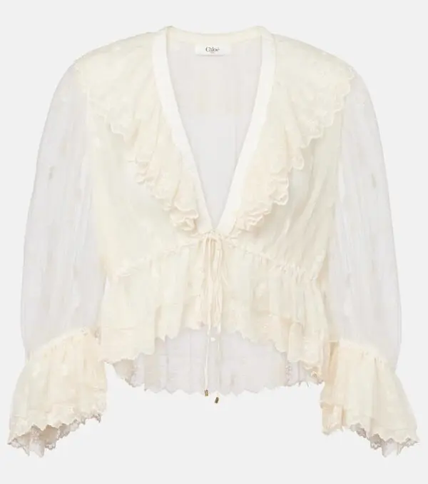Chloé Ruffled Embroidered Lace Blouse - White