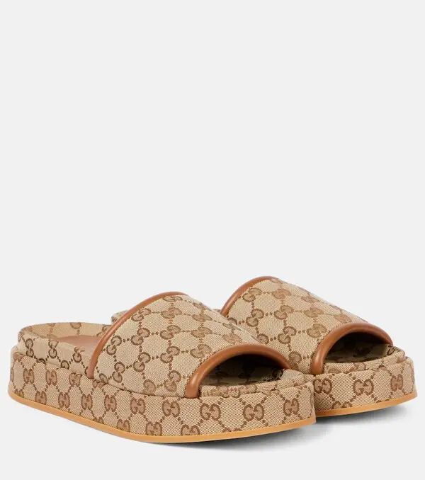 Gucci Gg Canvas Platform Slides - Beige