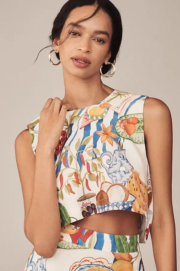Farm Rio Fresh Table Linen Sleeveless Blouse - Fresh Table Off-white
