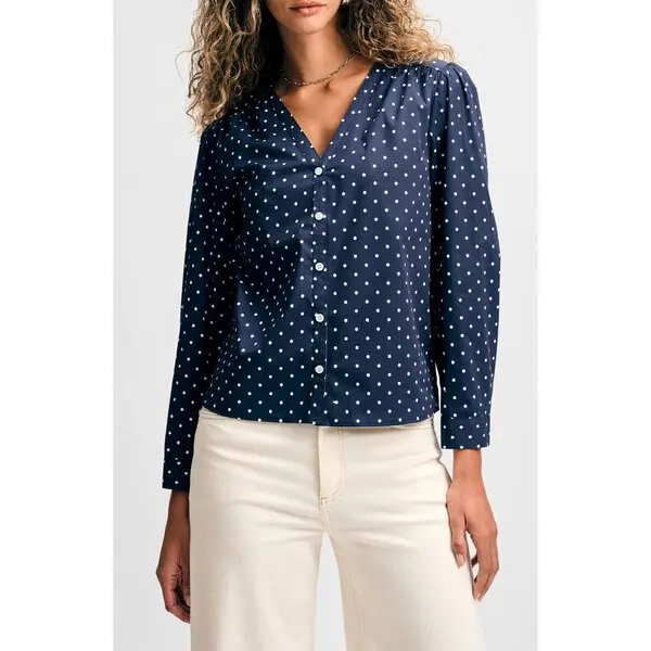 ISAAC MIZRAHI NEW YORK Cotton V-neck Button-up Shirt - Navy/ White Dot