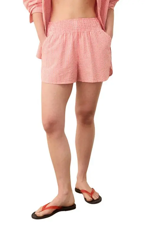 Marine Layer Cali Smocked Stripe Seersucker Shorts - Hibiscus/ Sand Stripe