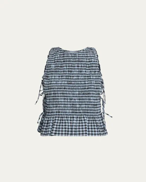 GANNI Check Seersucker Tie String Top