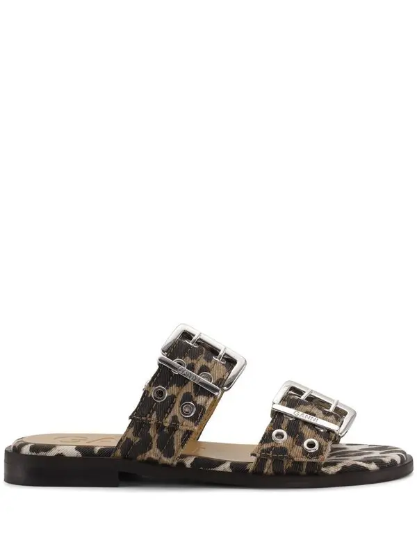 GANNI Buckle Leopard Print Sandals - Brown