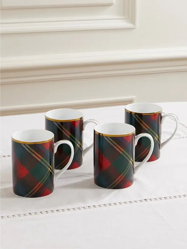 Ralph Lauren Alexander Set Of Four Gold-plated Checked Porcelain Mugs