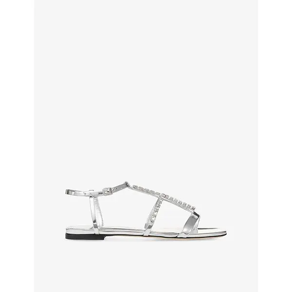 JIMMY CHOO Gwyn Crystal-embellished Flat Leather Sandals - Silver/crystal