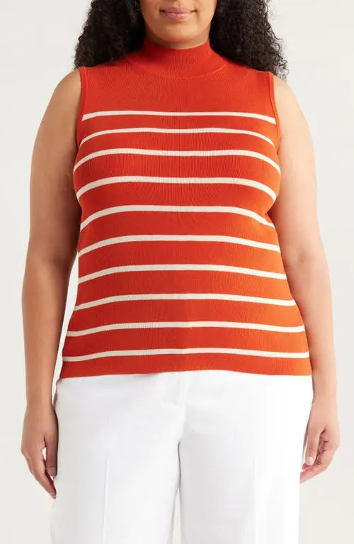 TAHARI ASL Striped Sleeveless Mock Neck Sweater - Persimmon Vanilla