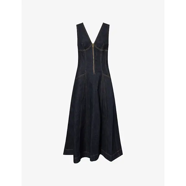 SELF-PORTRAIT V-neck Flared Stretch-denim Blend Midi Dress