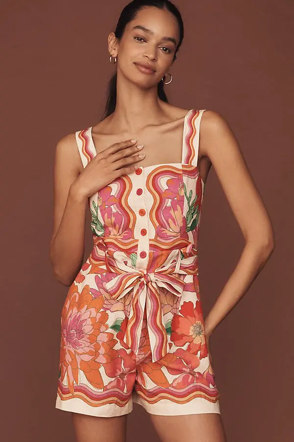 Farm Rio Floral Linen-blend Romper - Spring Affair Beige