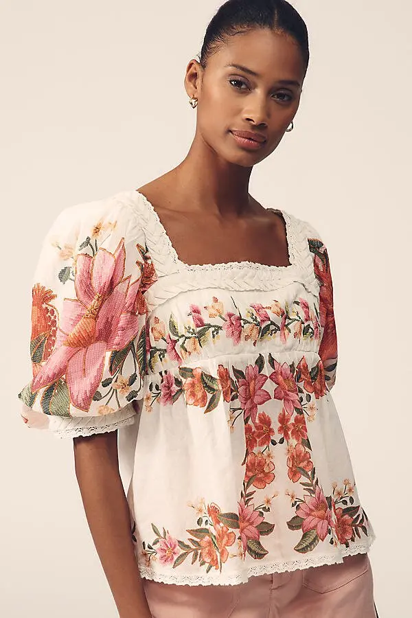 Farm Rio Summer Fruit Cotton Puff-sleeve Blouse - Neutral Pattern