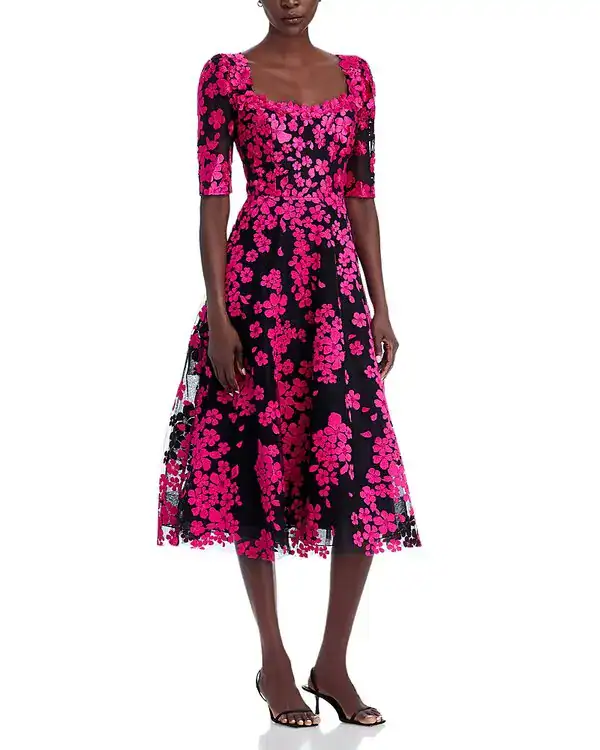 Rickie Freeman For Teri Jon Floral Applique Midi Dress In Black Fuschia -  25% Off | Editorialist