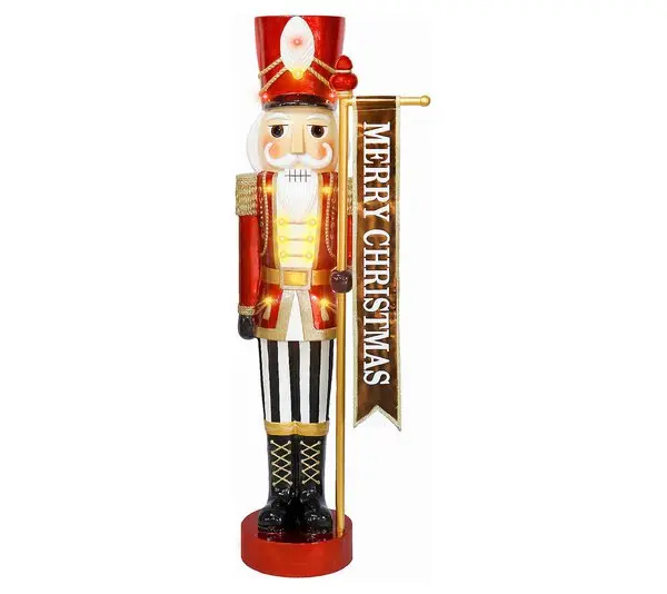 FRASER HILL FARM 4' Metallic Nutcracker Holding Banner Statue