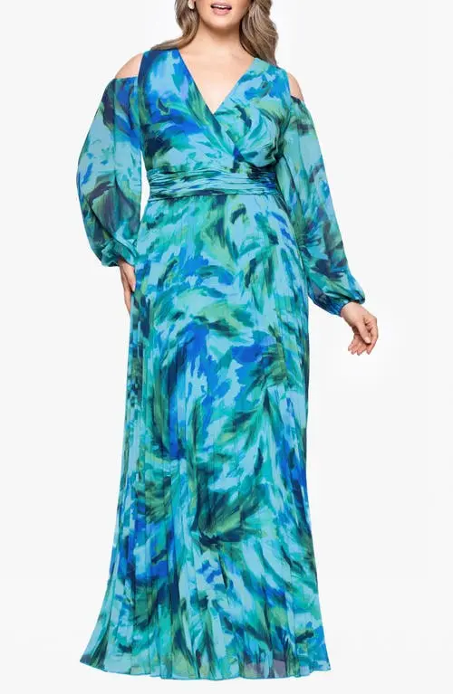 XSCAPE EVENINGS Long Sleeve Pleated Gown