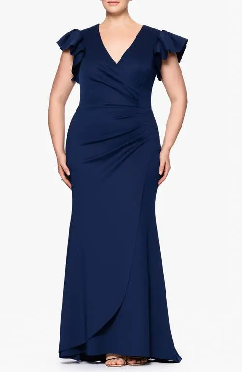 XSCAPE EVENINGS Ruffle Ruched Scuba Knit Gown
