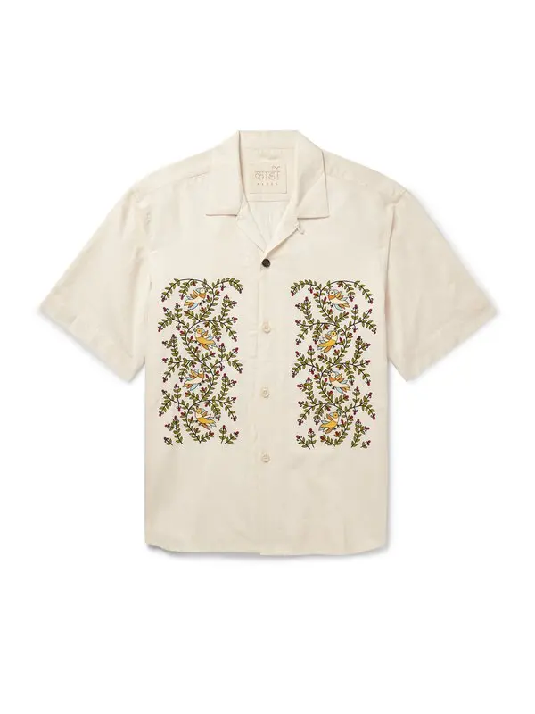 KARDO Ronen Convertible-collar Embroidered Cotton Shirt - Neutrals