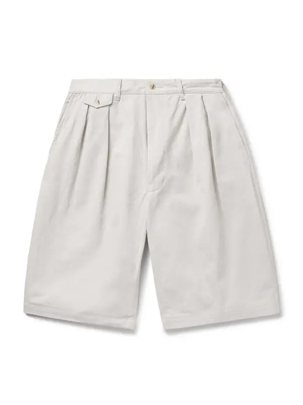 BEAMS Wide-leg Pleated Cotton-twill Shorts - Neutrals