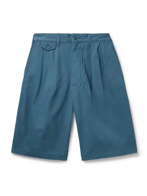 BEAMS Wide-leg Pleated Cotton-twill Shorts - Blue
