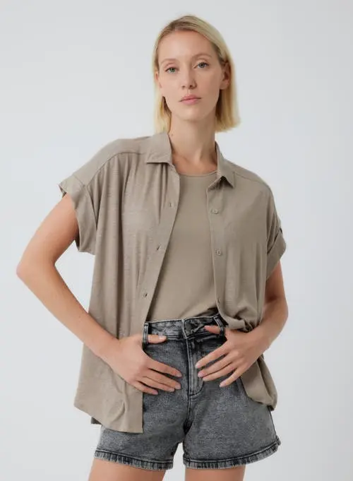 Majestic Filatures Stretch Linen Short Sleeve Rolled Cuff Shirt
