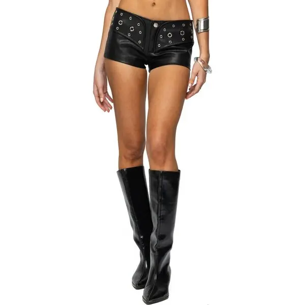 EDIKTED Faux Leather Grommet Microshorts - Black