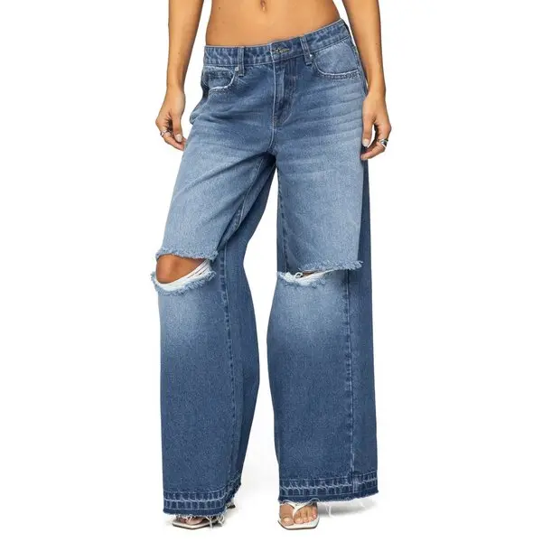 EDIKTED Xenia Ripped Low Rise Wide Leg Jeans