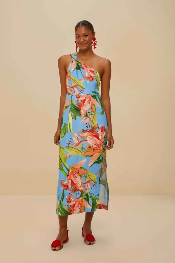 Farm Rio Lily Bloom Euroflax™ Premium Linen Midi Dress - Lily Bloom Blue
