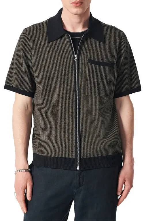 Rag & Bone Zuma Jacquard Stripe Short Sleeve Knit Zip-up Shirt - Black