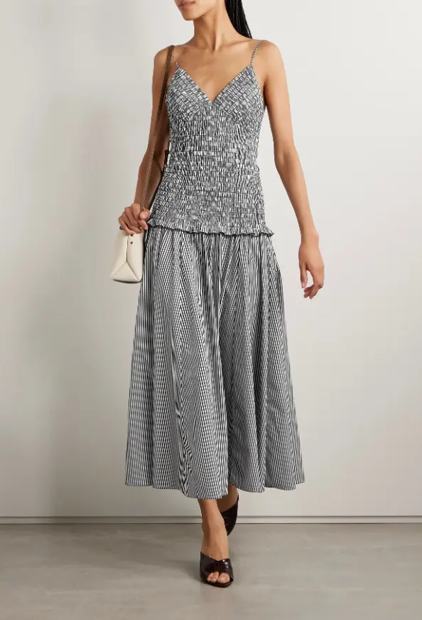 Brandon Maxwell The Josie Shirred Striped Cotton Midi Dress - Gray