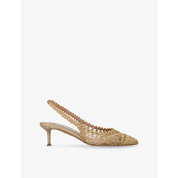 AQUAZZURA Kahlo Sling 50 Raffia And Mesh Heeled Courts - Beige