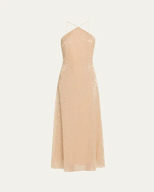 Halston Sleeveless Sequin Halter Midi Dress