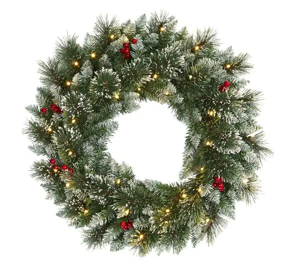 NEARLY NATURAL 24' Frosted Swiss Pine Wreath Wi Th 35 Lights