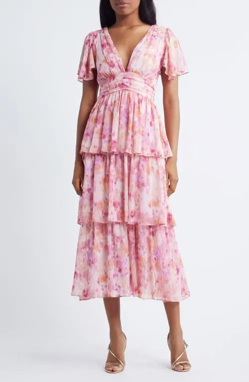 Lulus Short Sleeve Tiered Chiffon Midi Dress