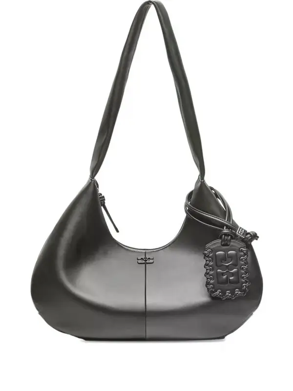 GANNI Leather Shoulder Bag With Logo Tag - Black