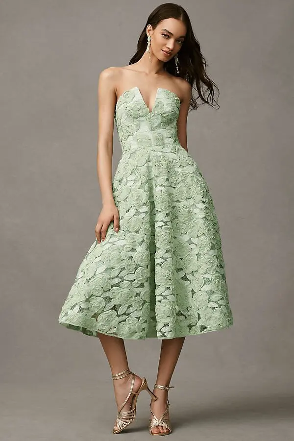Dress The Population Briella Strapless 3d Floral Fit & Flare Midi Dress - Light Green