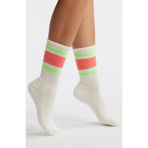 AMERICAN TRENCH Retro Stripe Crew Socks - Coral/ Lime