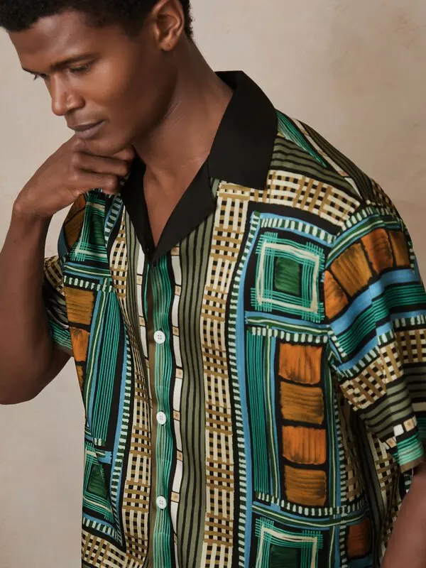 REISS Sala | Ché Printed Cuban-collar Shirt - Green Multi